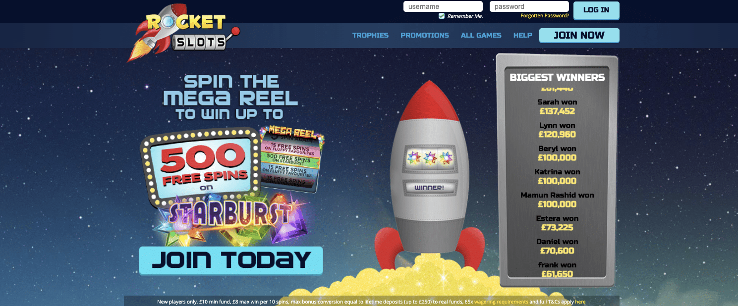 Rocket Slots Casino - Win 500 Free Spins On The Mega Reel